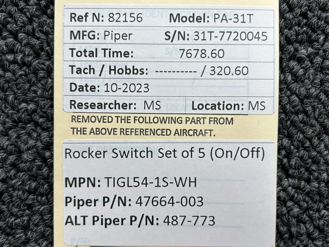TIGL54-1S-WH (Alternate: 47664-003) Piper PA-31T On, Off Rocker Switch ...