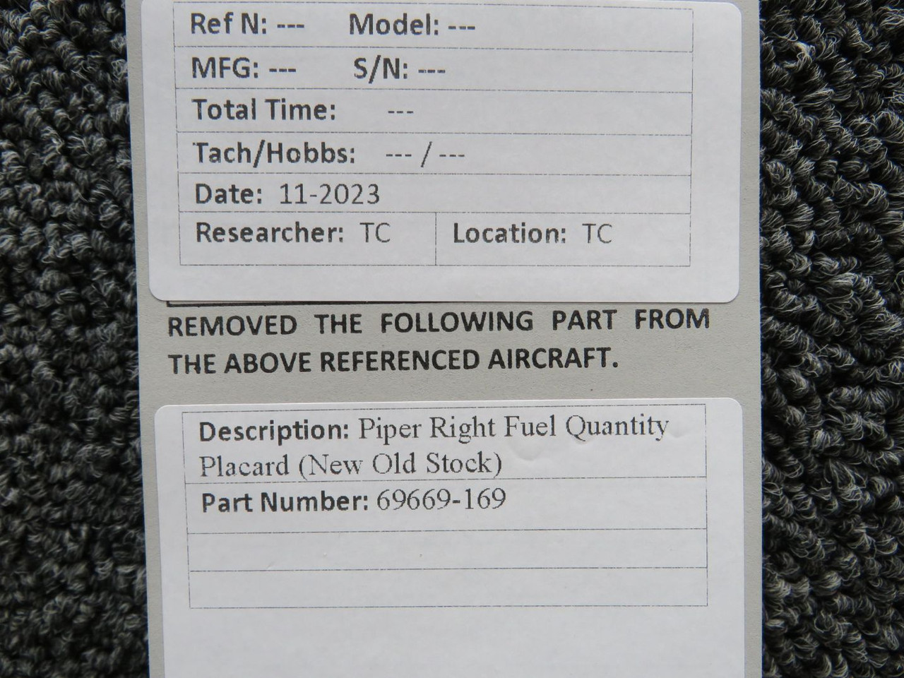 69669-169 Piper Right Fuel Quantity Placard (New Old Stock) For Sale