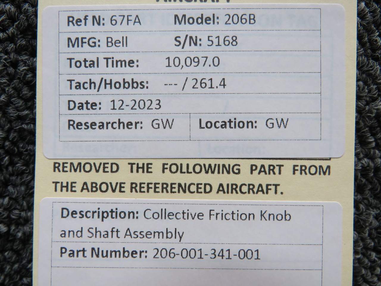 206-001-341-001 Bell 206B Collective Friction Knob and Shaft Assembly ...