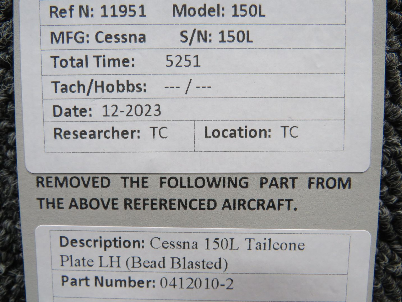 0412010-2 Cessna 150L Left Hand Tailcone Bead Blasted Plate