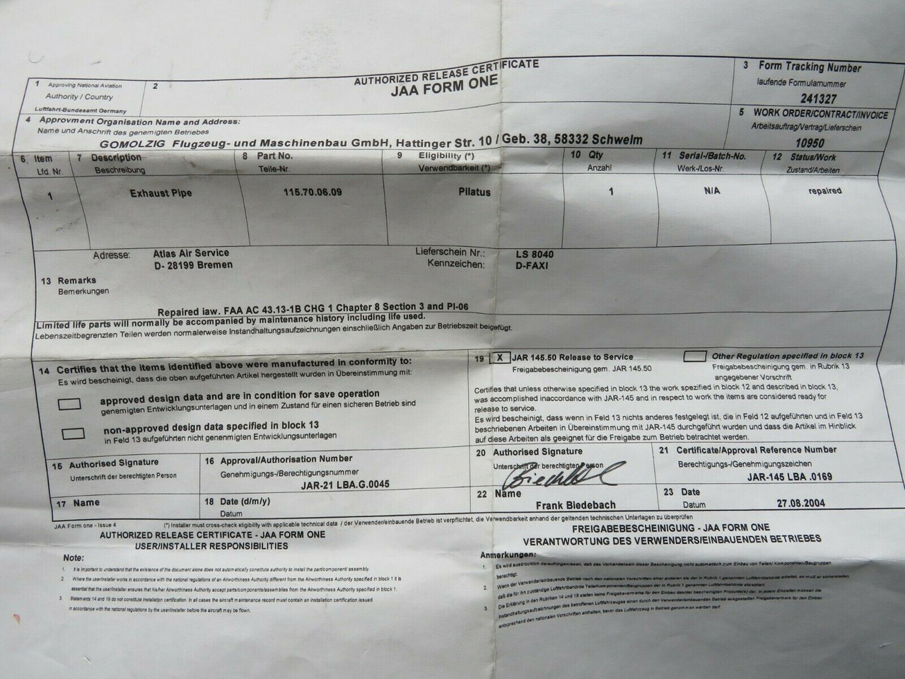 115.70 06.091A Pilatus Exhaust Pipe W/ JAA Form One (SA)