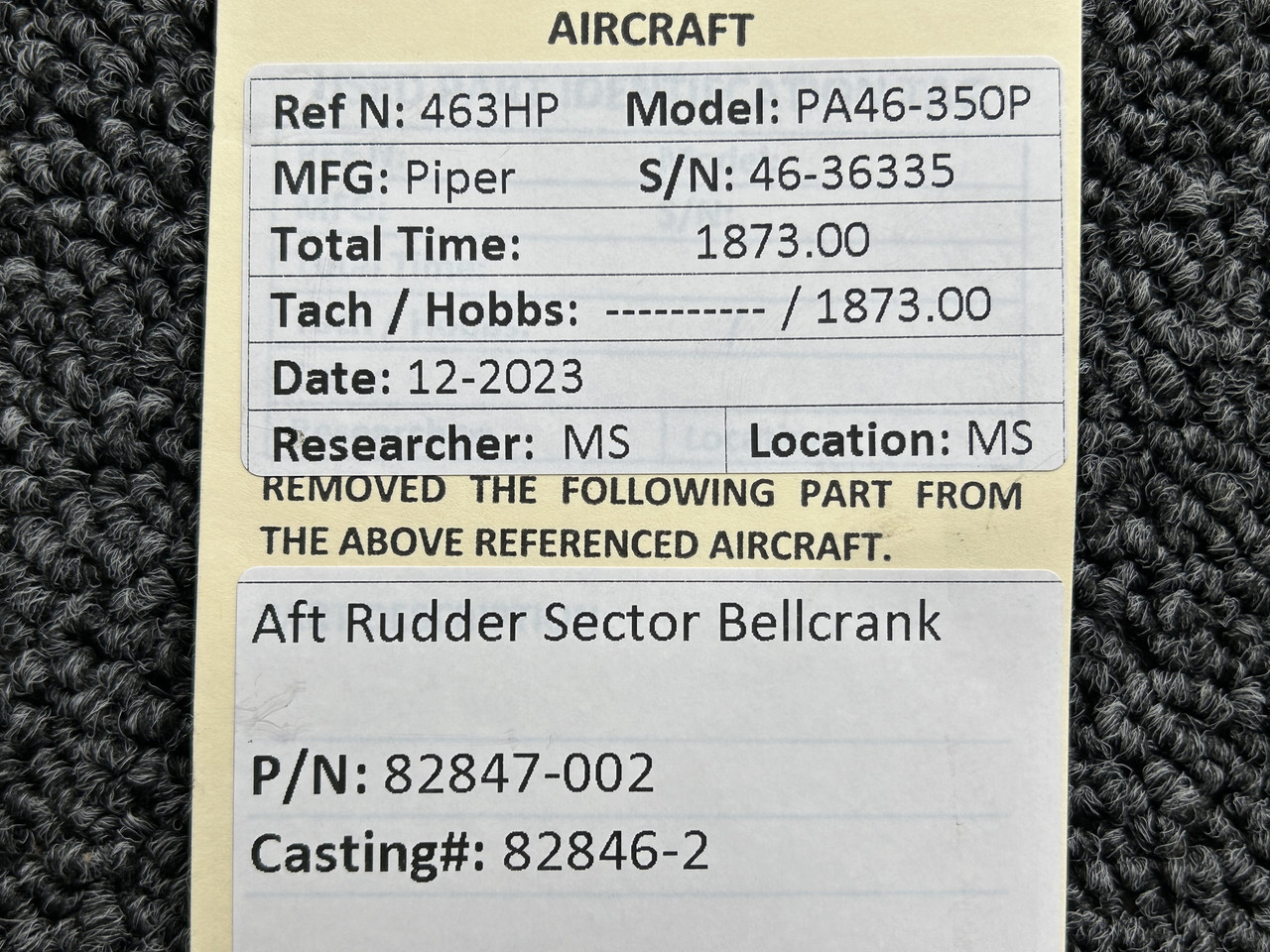 82847-002 (Casting: 82846-2) Piper PA46-350P Aft Rudder Sector Bellcrank