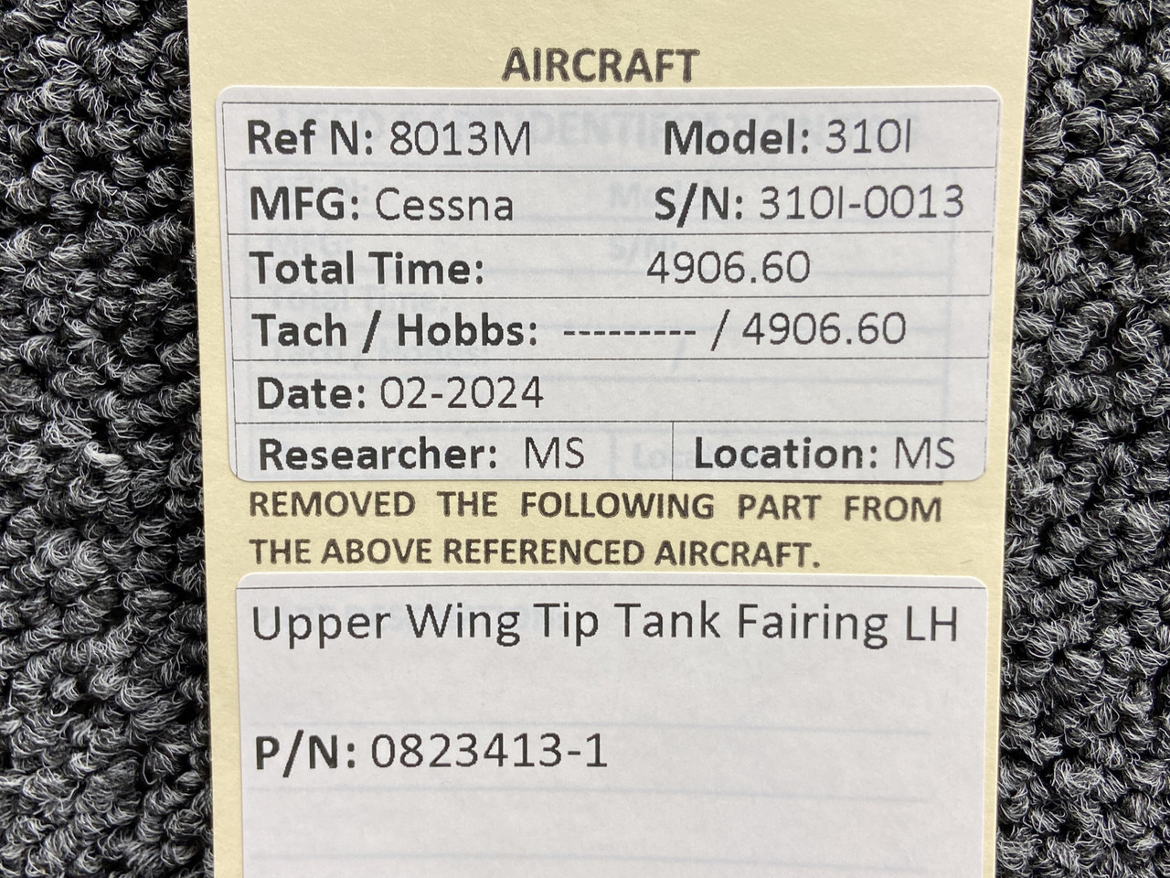 0823413-1 Cessna 310I Left Hand Upper Wing Tip Tank Fairing