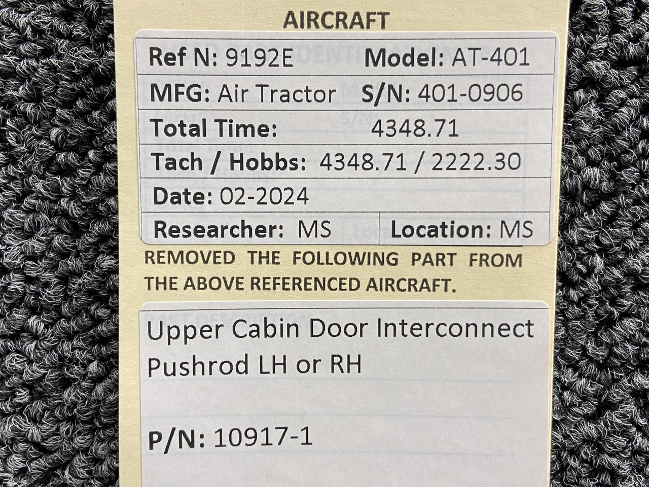 10917-1 Air Tractor AT-401 Upper Cabin Door Interconnect Pushrod RH or LH