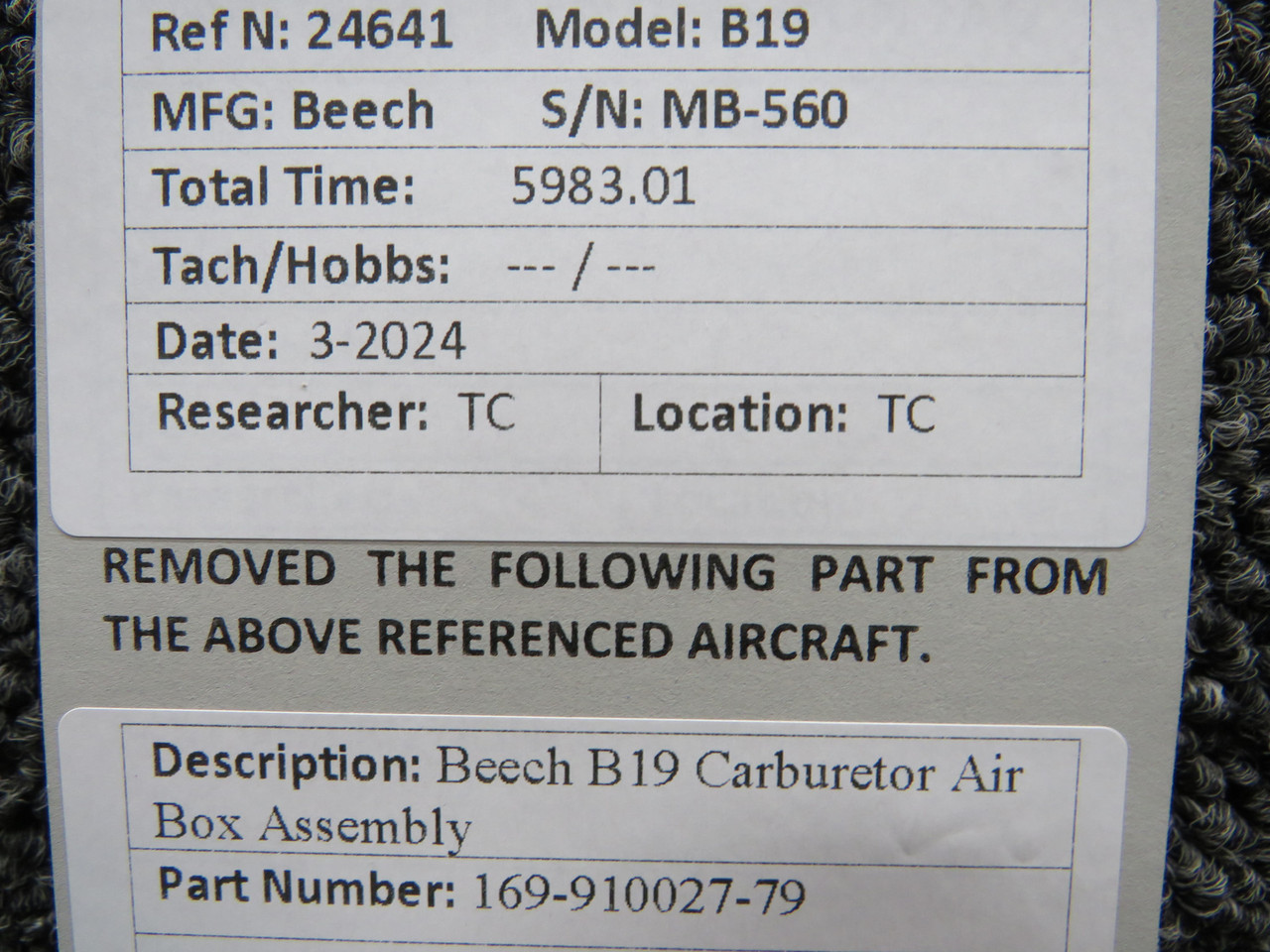 169-910027-79 Beechcraft B19 Carburetor Air Box