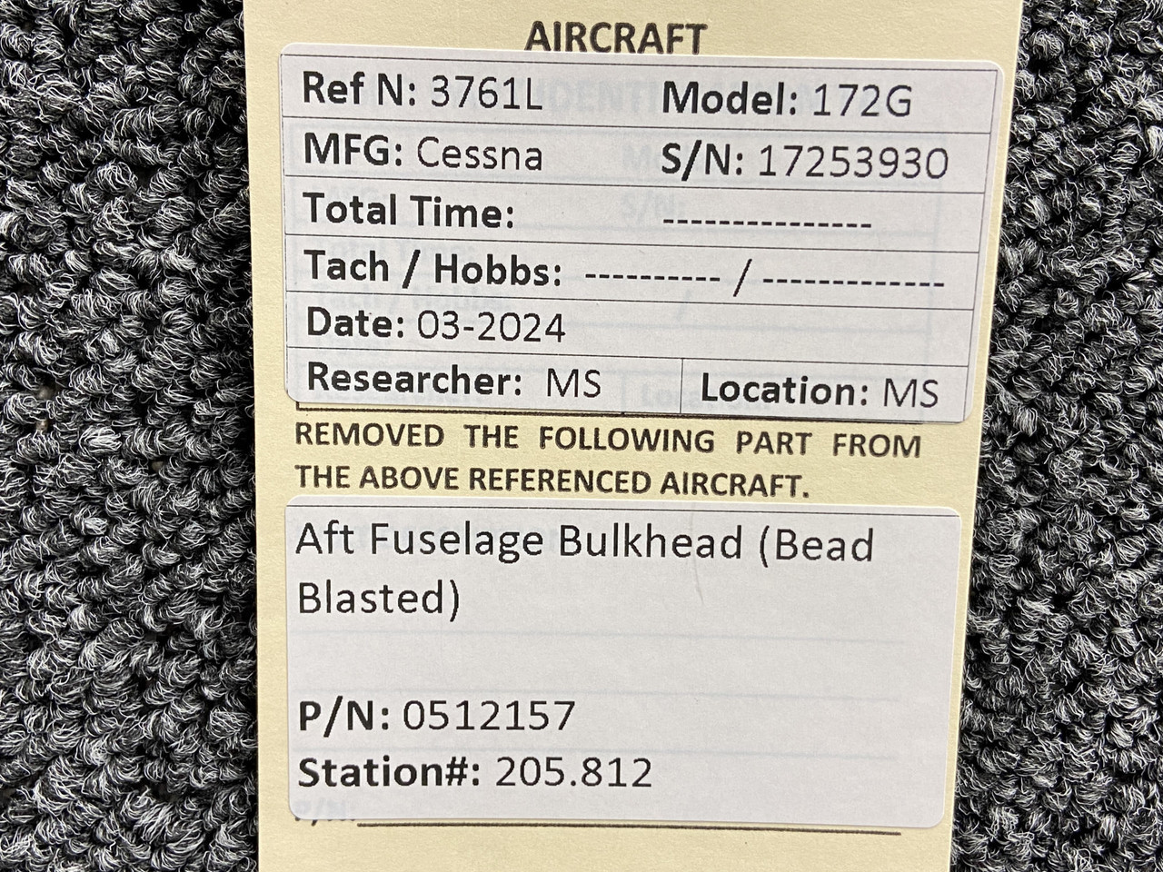 0512157 Cessna 172G Fuselage Bulkhead Aft (STA: 205.812) (Bead Blasted)