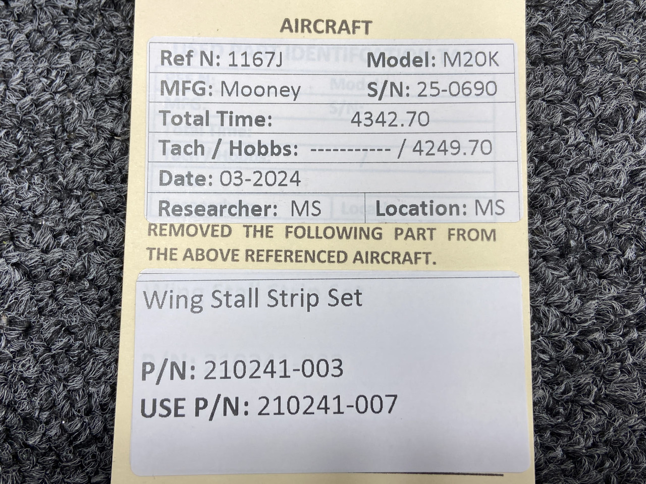 210241-003 (Use PN: 210241-007) Mooney M20K Wing Stall Strip Set LH or RH