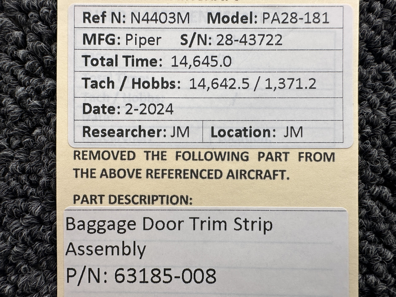63185-008 Piper PA28-181 Baggage Door Trim Strip Assembly For Sale