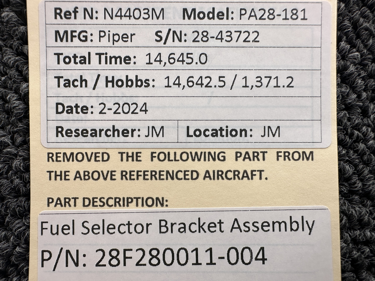 28F280011-004 Piper PA28-181 Fuel Selector Bracket Assembly For Sale