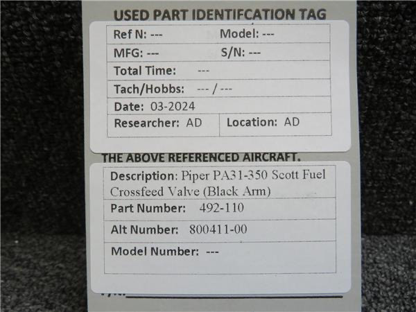 492-110 Piper PA31-350 Scott 800411-00 Fuel Crossfeed Valve with Black Arm