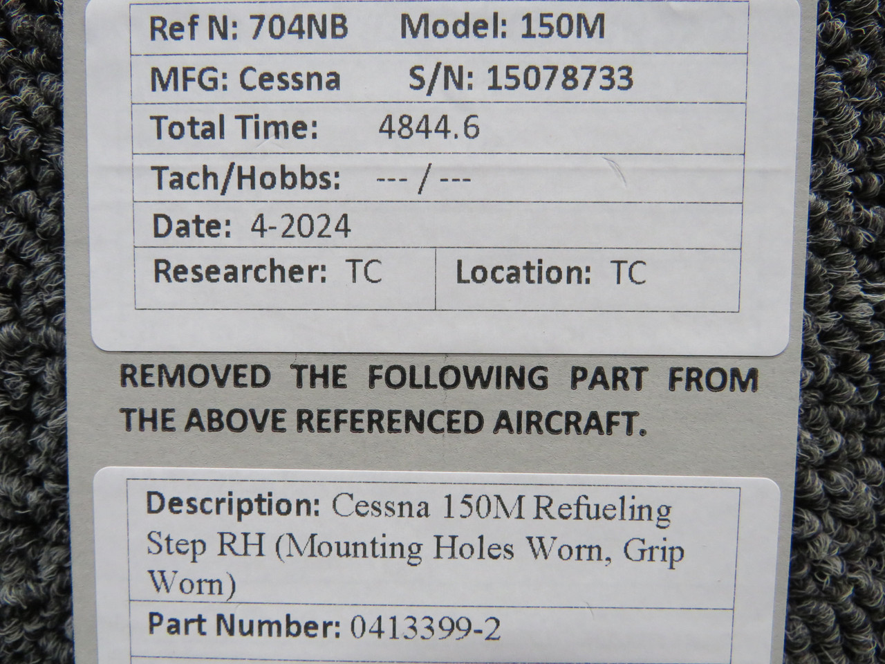 0413399-2 Cessna 150M Refueling Step Right Hand (Mounting Holes Worn and Grip Worn)