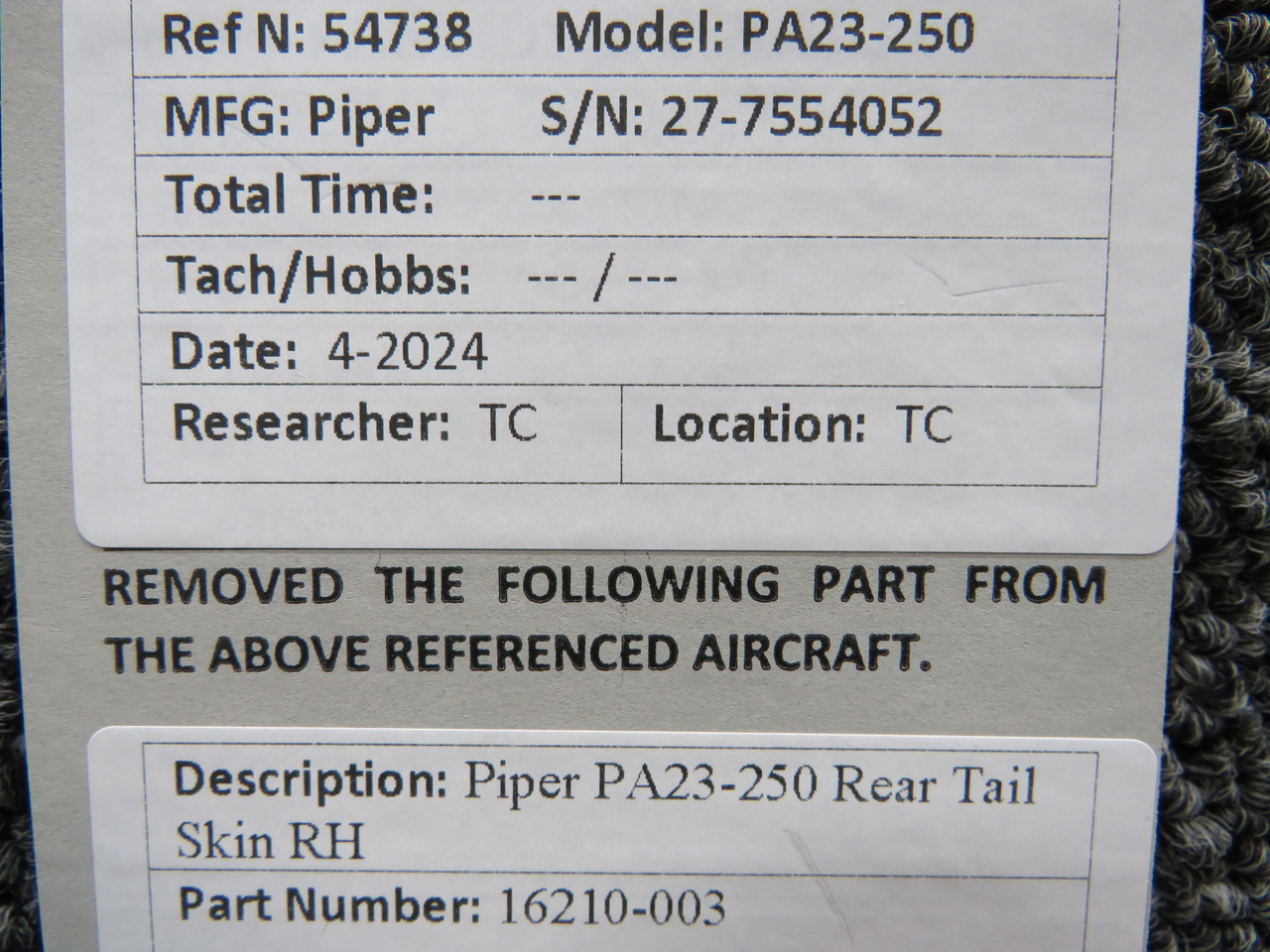16210-003 Piper PA23-250 Rear Tail Skin Right Hand
