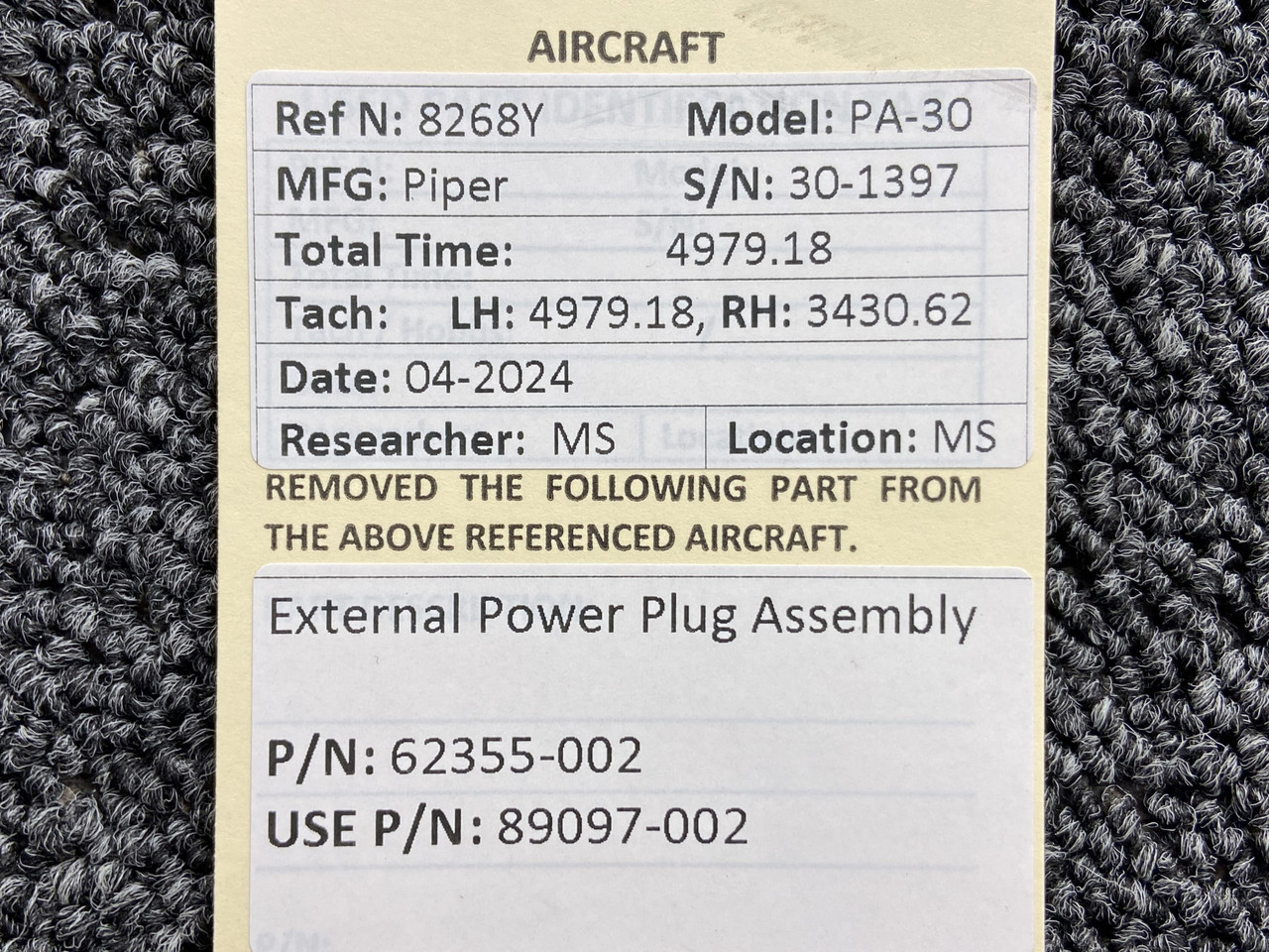 62355-002 (Use PN: 89097-002) Piper PA30 External Power Plug Assembly