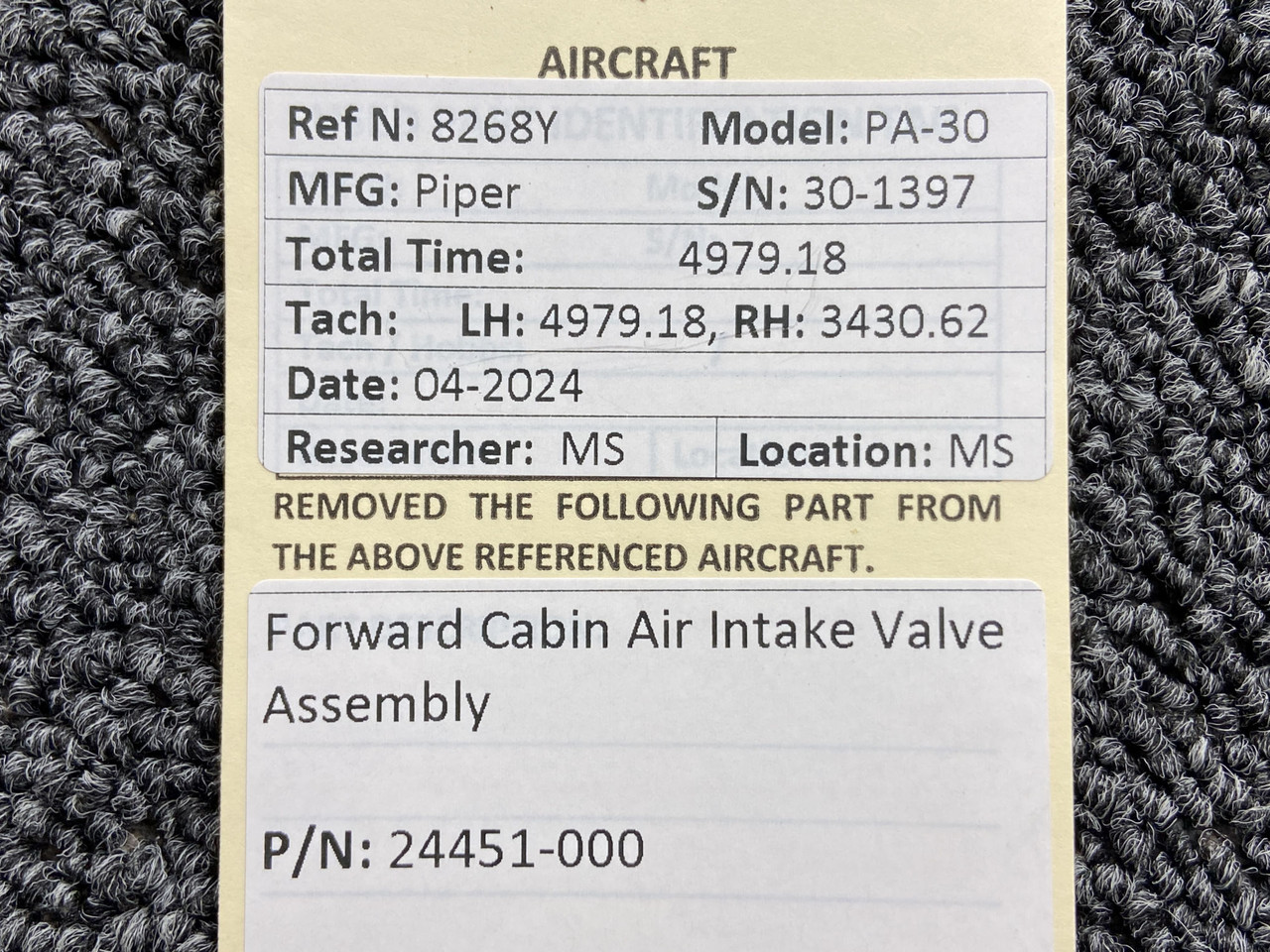 24451-000 Piper PA30 Forward Cabin Air Intake Valve Assembly For Sale