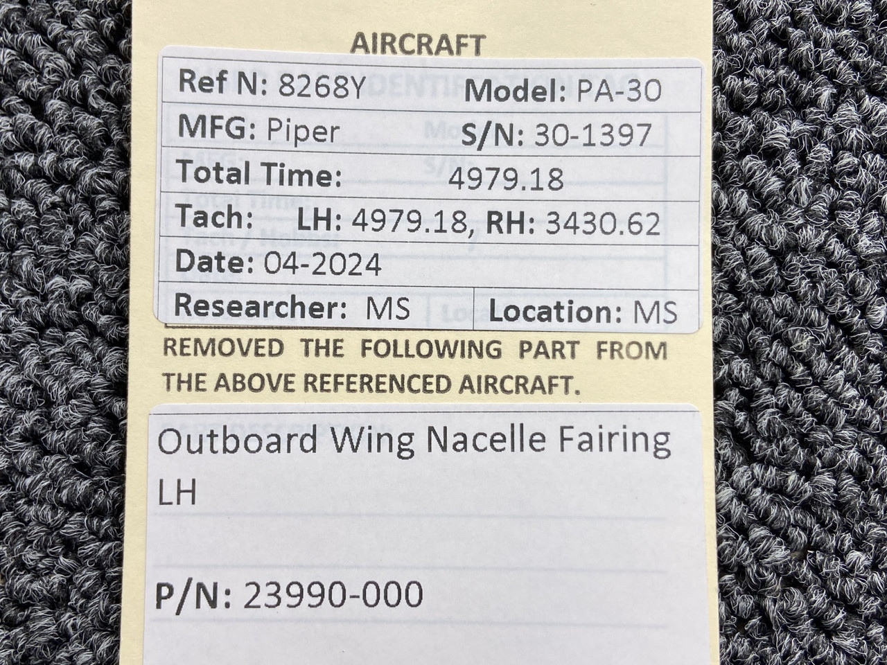 23990-000 Piper PA30 Left Hand Outboard Wing Nacelle Fairing