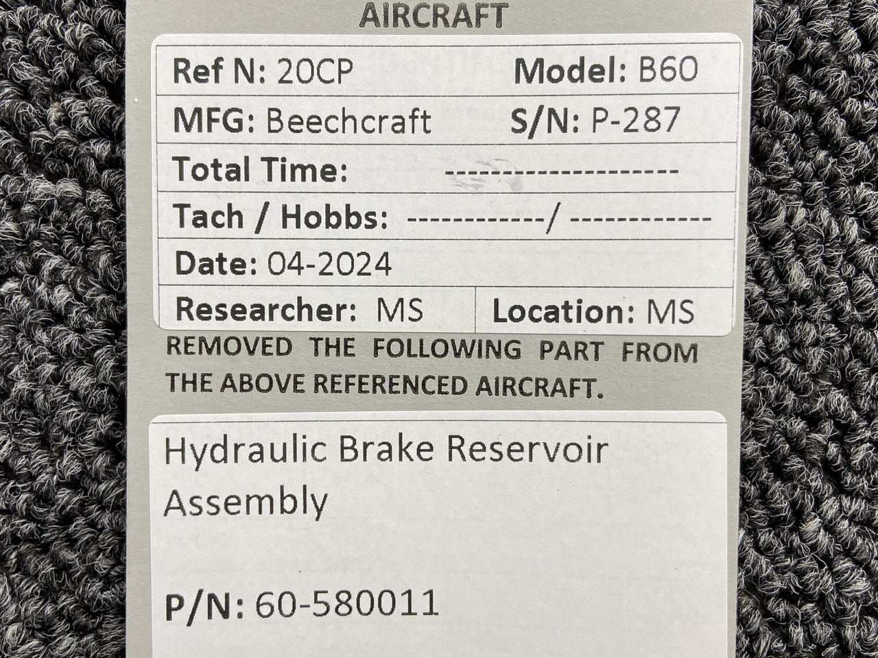 60-580011 Beechcraft B60 Hydraulic Aircraft Brake Reservoir Assembly