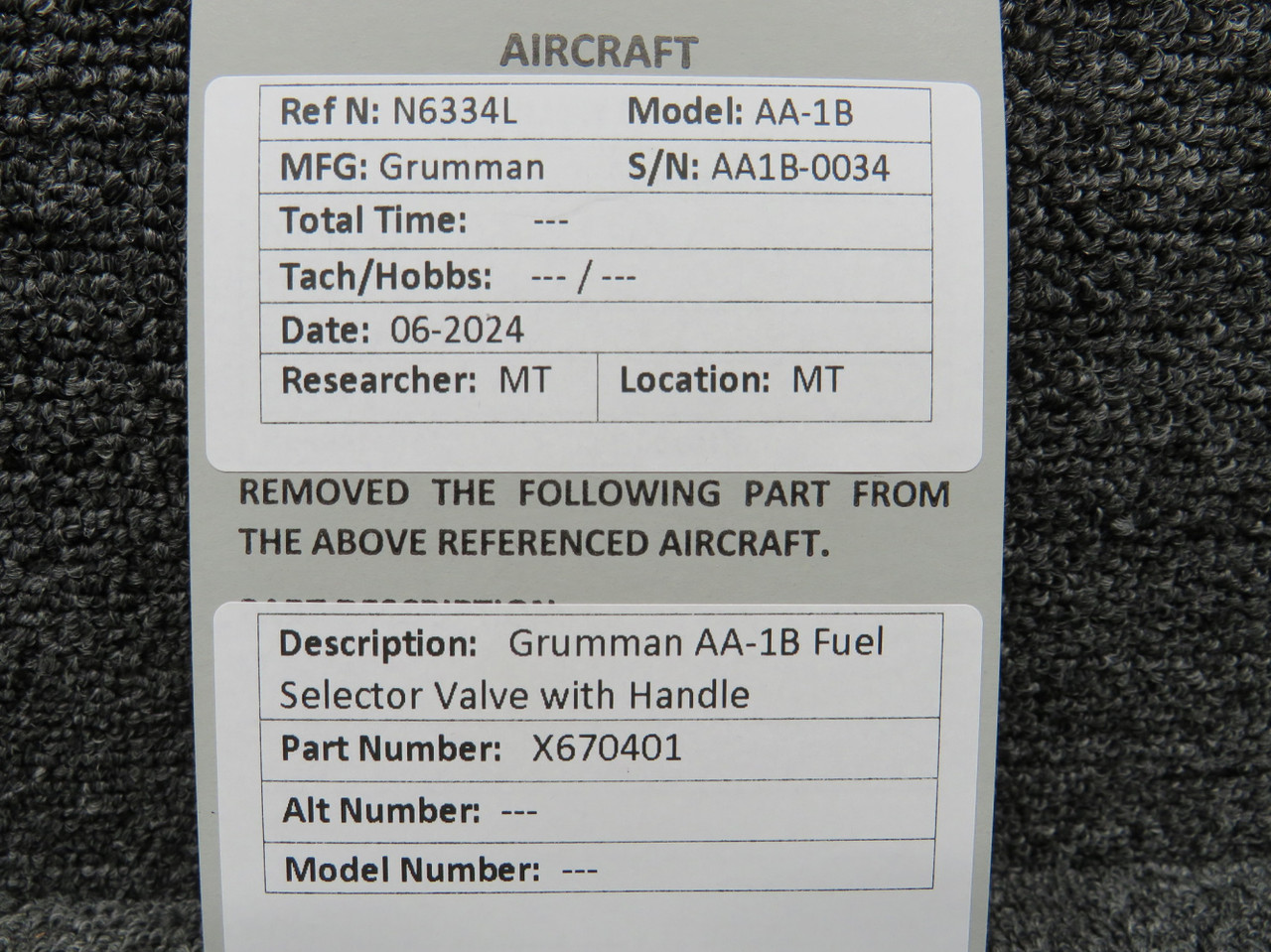 X670401 Grumman AA-1 Aircraft Fuel Selector Valve Assembly With Handle