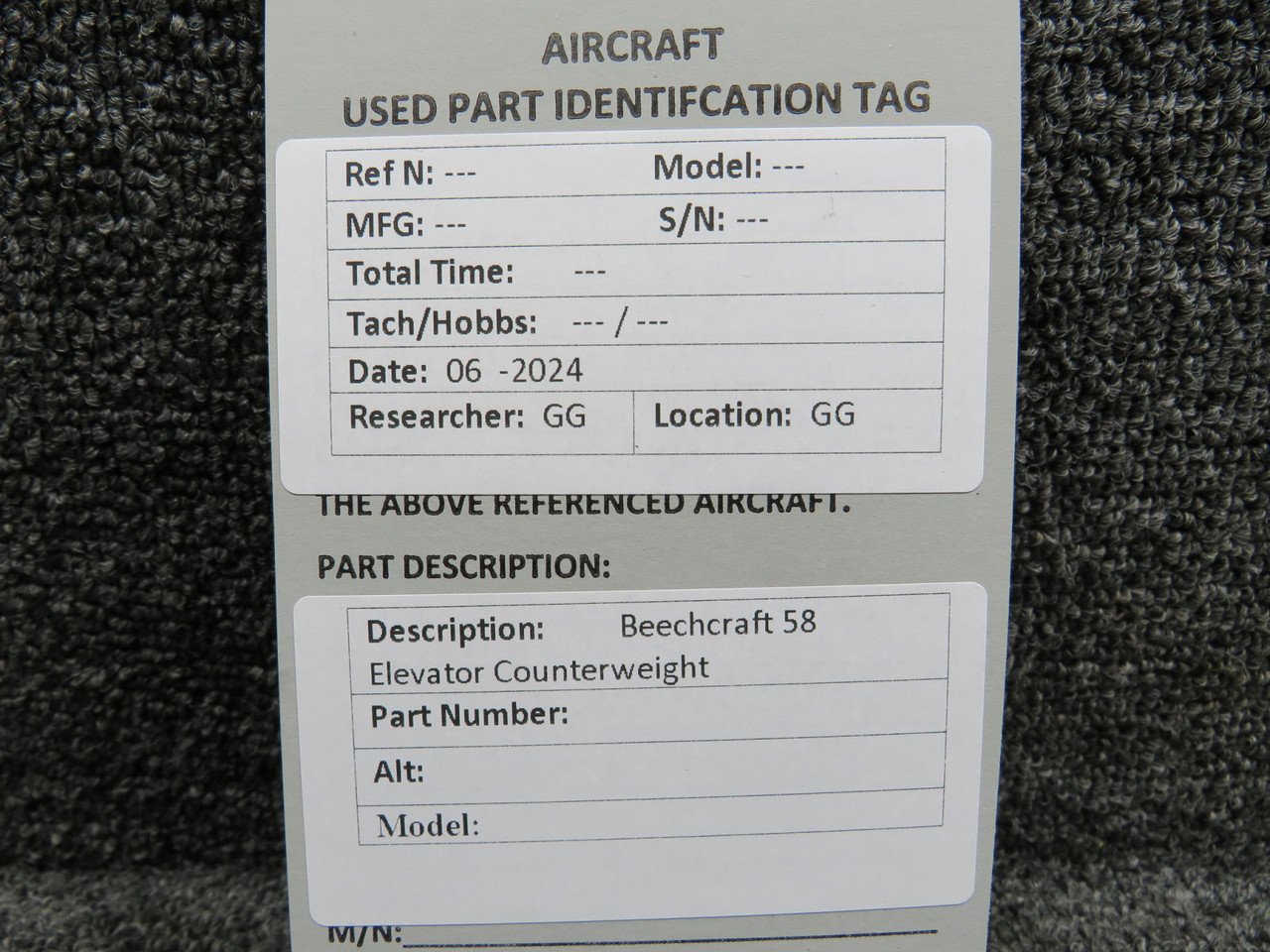 Beechcraft 58 Aircraft Elevator Counterweight