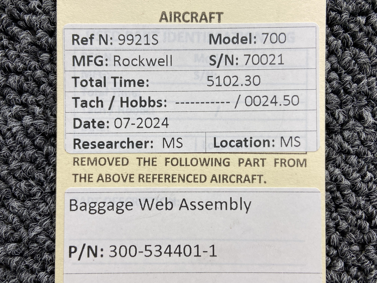 300-534401-1 Rockwell 700 Baggage Web Assembly | Aircraft Salvage