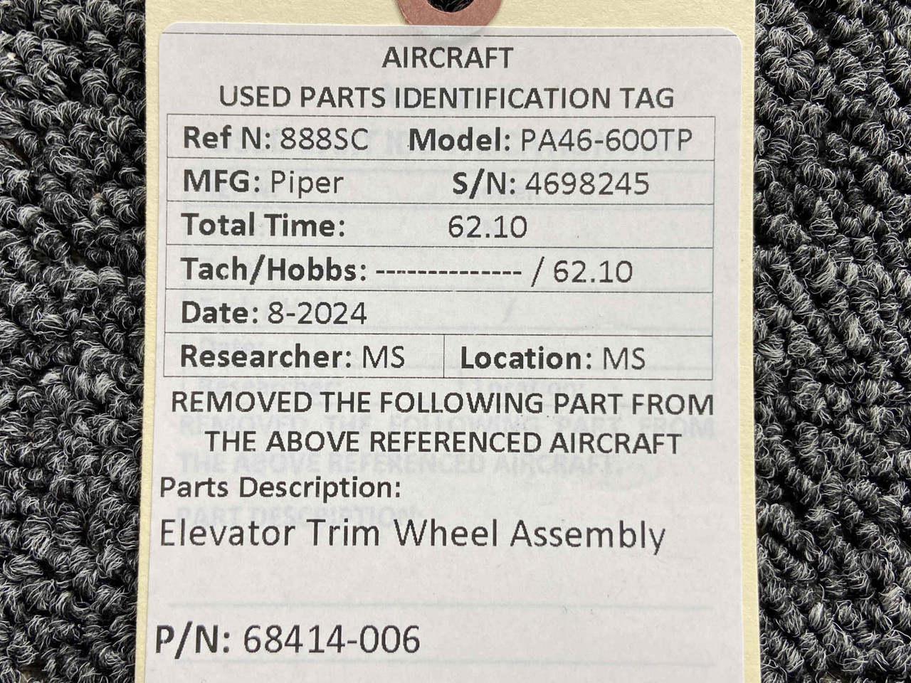 68414-006 Piper M600 Elevator Trim Wheel Assembly For Sale