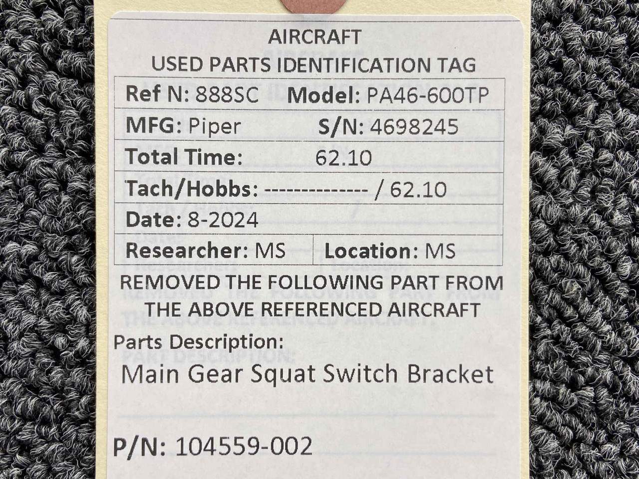 104559-002 Piper M600 Main Gear Squat Switch Bracket For Sale