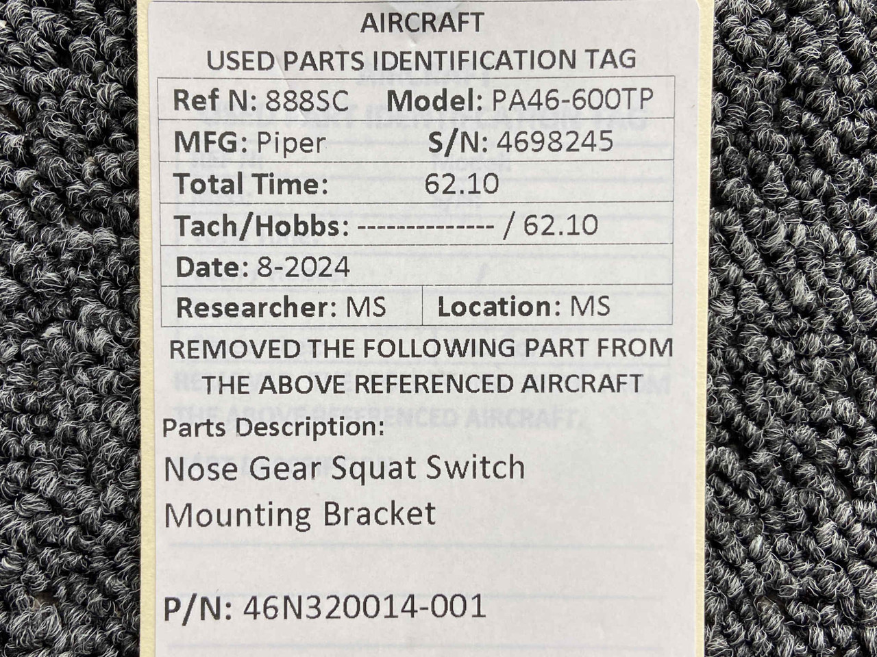 46N320014-001 Piper M600 Nose Gear Squat Switch Mounting Bracket For Sale