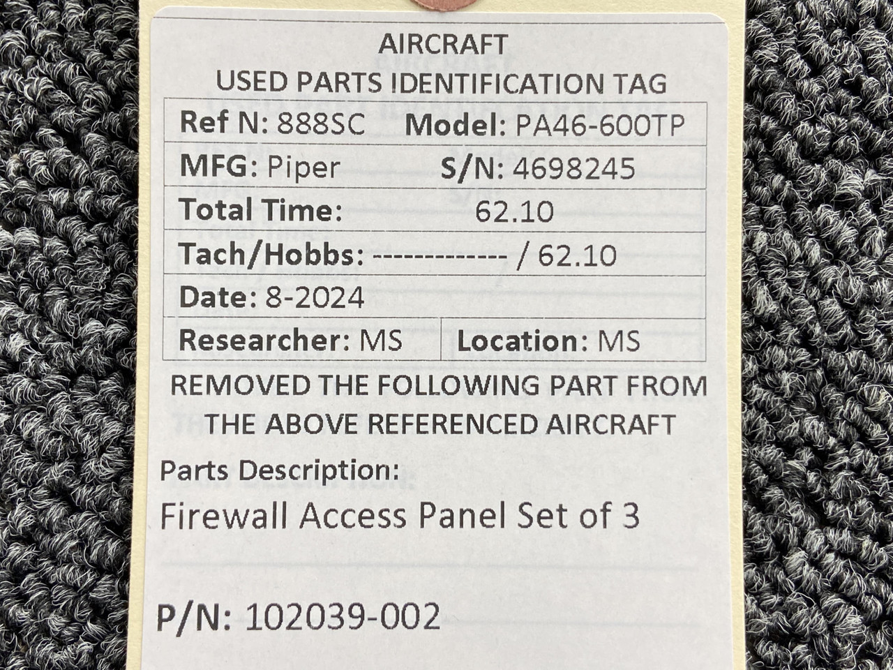 102039-002 Piper M600 Firewall Access Panel Set of 3 For Sale