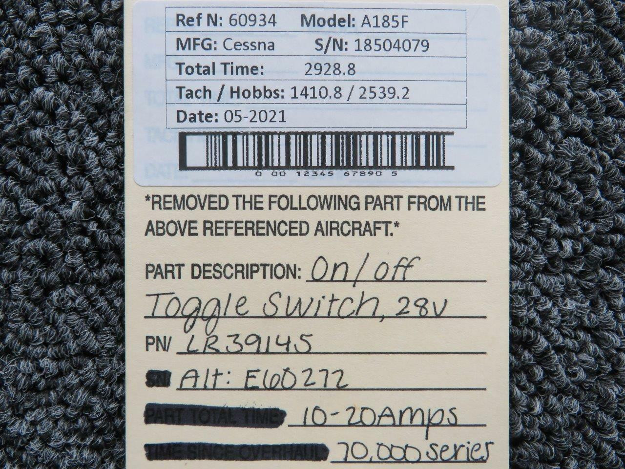 LR39145 (Alternate: E60272) Cessna A185F Toggle Switch (120-250V, 10-20A))