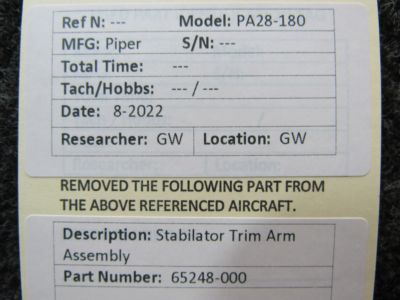 65248-000 Piper PA28-180 Stabilator Trim Arm Assembly