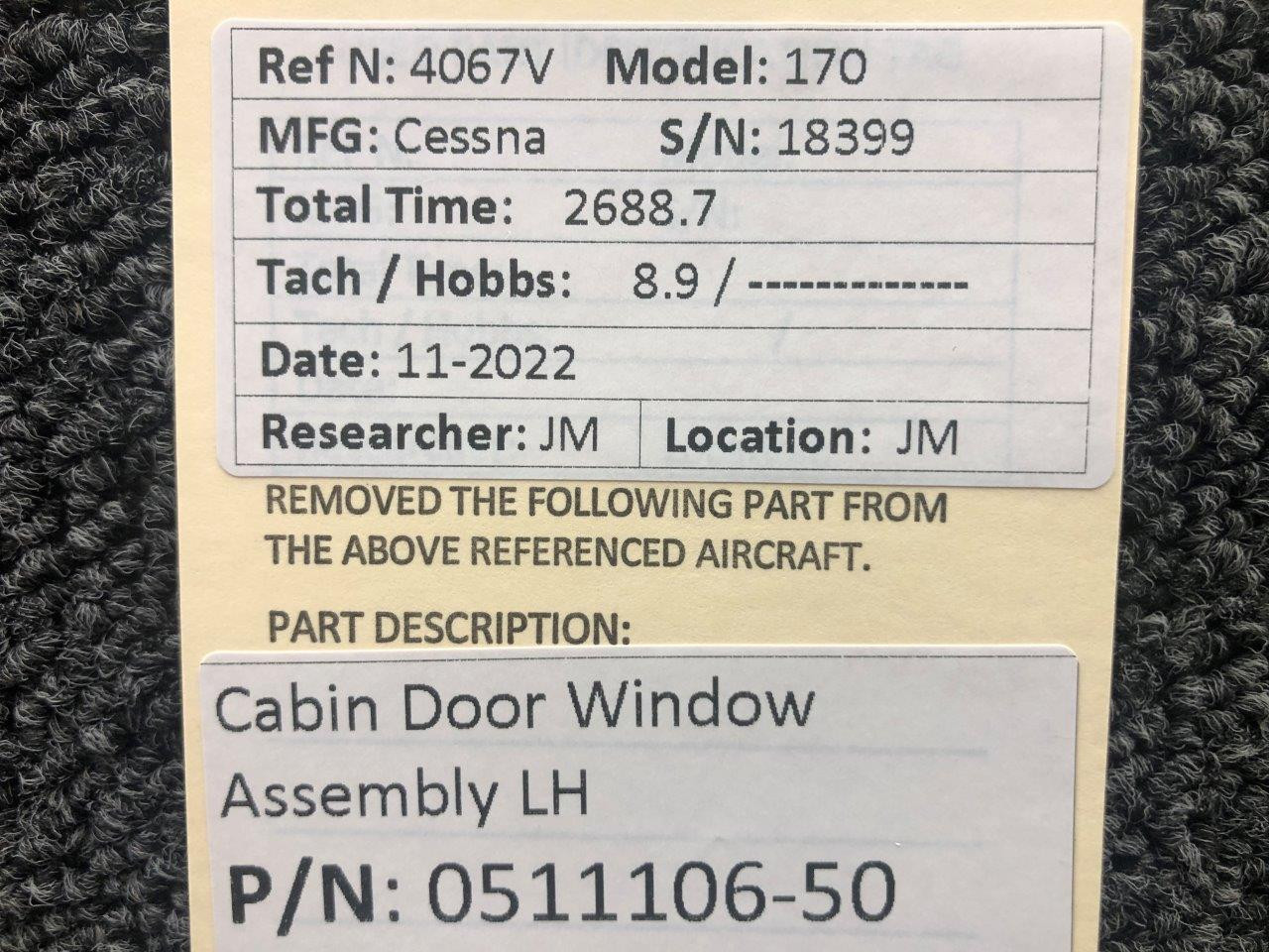 0511106-50 Cessna 170 Cabin Door Window Assembly LH