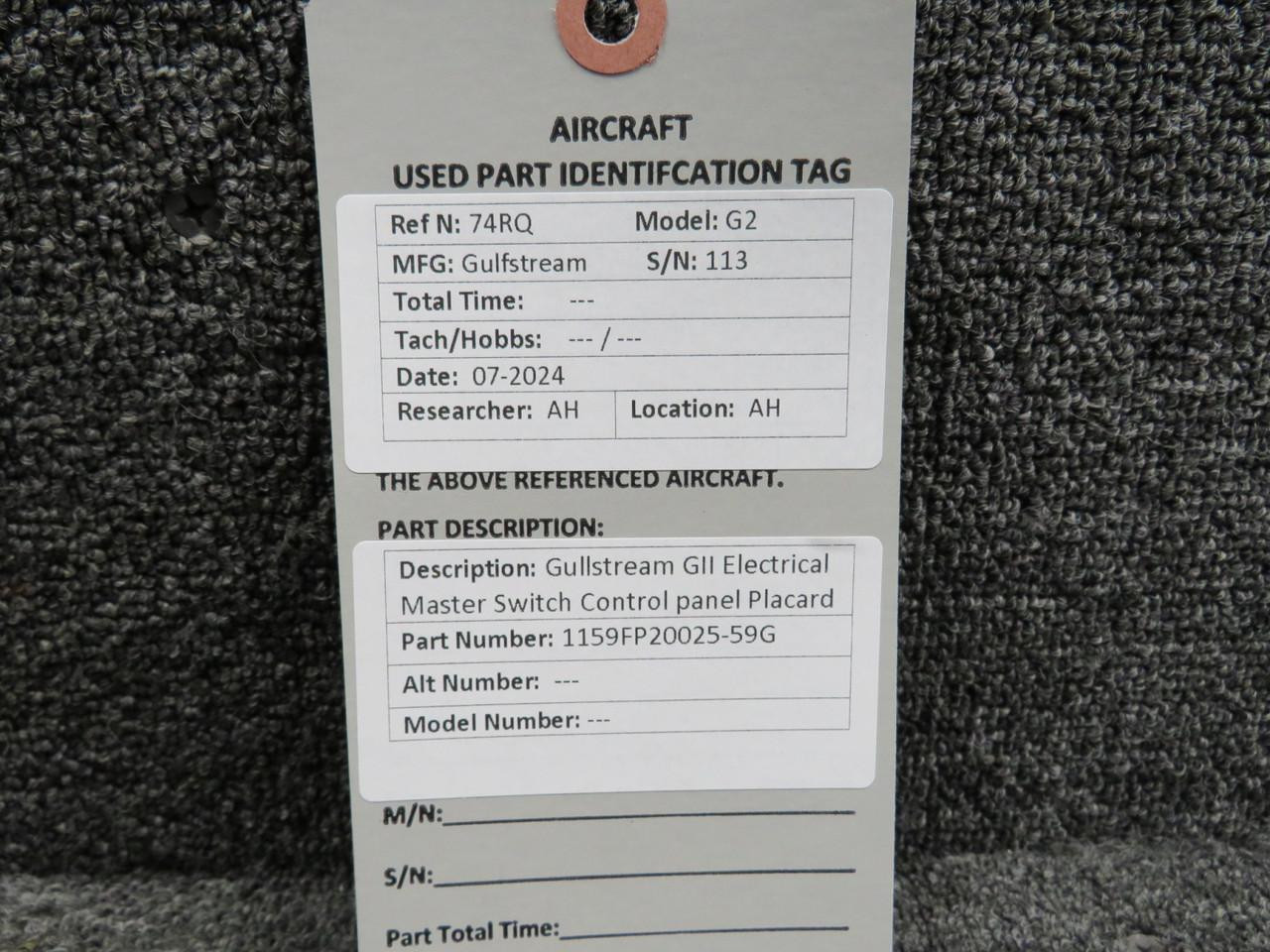 1159FP20025-59G Gulfstream GII Placard for Electrical Master Switch ...