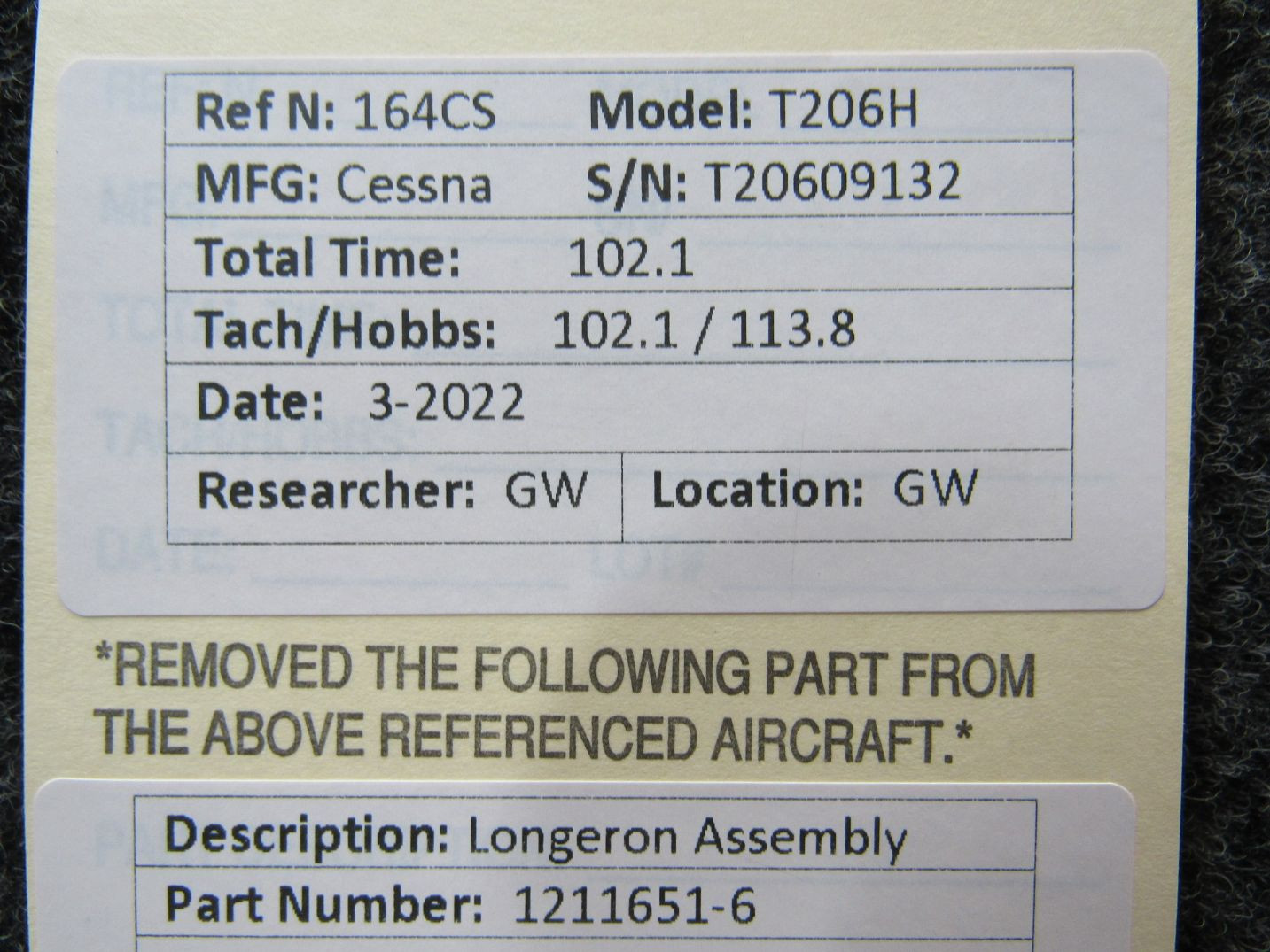 1211651-6 Cessna T206H Longeron Assembly RH