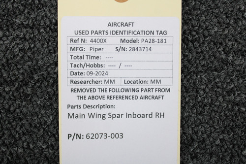 62073-003 Piper PA28-181 Inboard Right Hand Main Wing Spar
