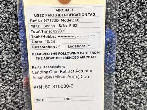 60-810030-3 Beechcraft 60 Landing Gear Retract Actuator Assembly (No ...