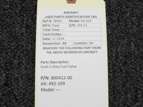 800412-00 (Alt: 492-109) Scott 3 Way Fuel Valve For Sale