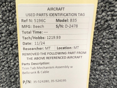 35-524280, 35-524195 Beech B35 Trim Tab Mechanism Assembly has ...