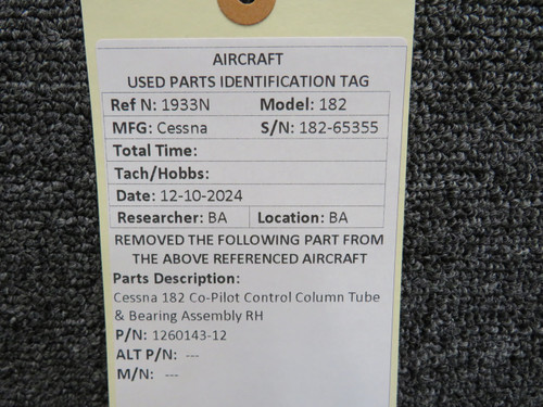 1260143-12 Cessna 182 Co-Pilot Control Column Tube & Bearing Assembly ...