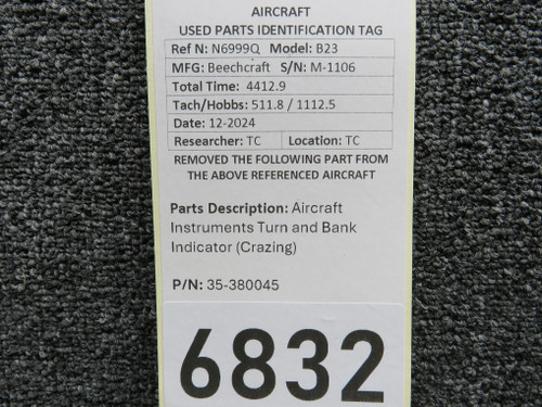 35-380045 Aircraft Instruments Turn and Bank Indicator (Crazing) For Sale