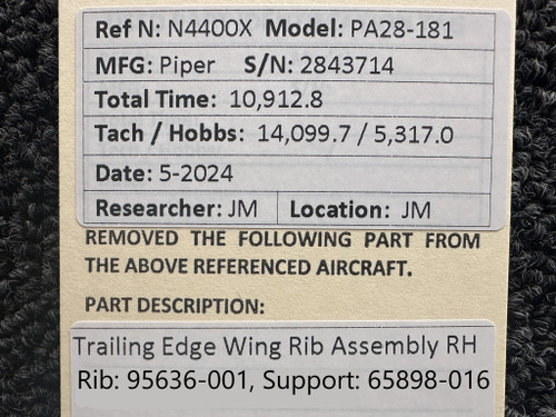 95636-001, 65898-016 Piper PA28-181 RH Trailing Edge Wing Rib Assembly