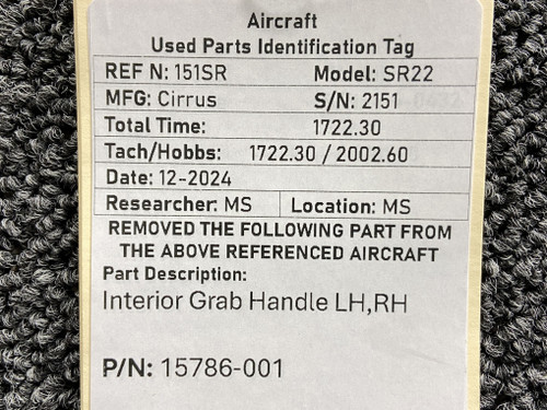 15786-001 Cirrus SR22 Interior Grab Handle LH or RH For Sale