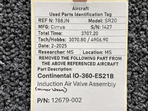 12679-002 Continental IO-360-ES21B Induction Air Valve Assembly (Minor ...