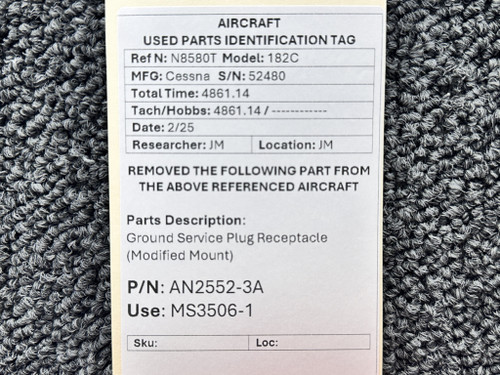 AN2552-3A (Use Part Number: MS3506-1) Cessna 182C Ground Service Plug ...