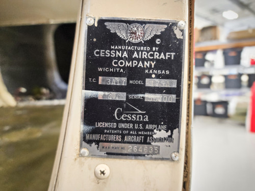 Cessna 175A Fuselage with Bill of Sale, Data Tag, and Log books