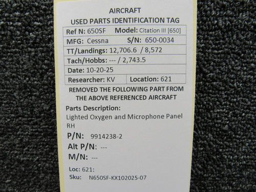 9914238-2 Cessna Citation III 650 Lighted Oxygen and Microphone Panel ...