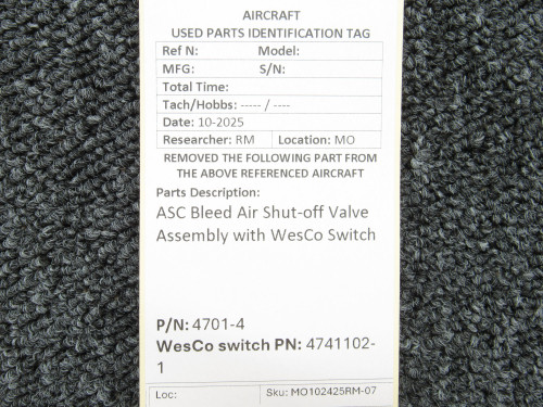 4701-4 ASC Bleed Air Shut-off Valve Assembly with WesCo Switch For Sale