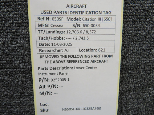 9252005-1 Cessna Citation III 650 Lower Center Instrument Panel For Sale