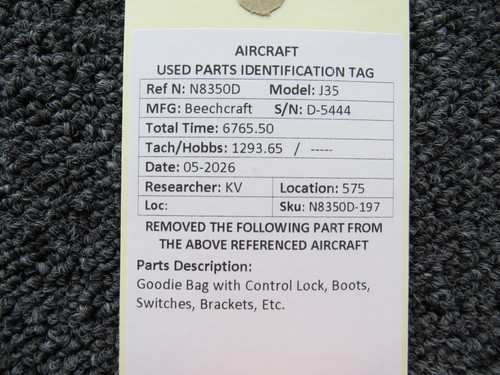 Beechcraft J35 Goodie Bag with Gear Boots, Control Lock, Switches ...