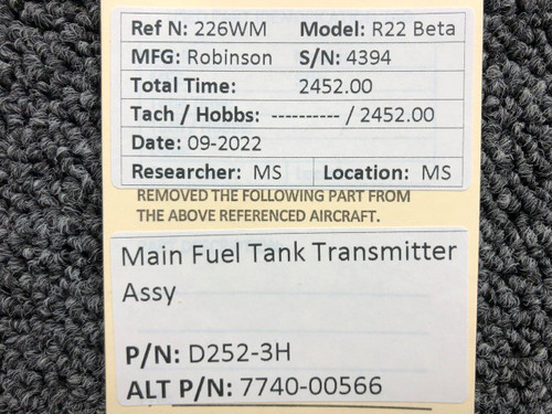 D252-3H (Alt: 7740-00566) Robinson R22 Beta Main Fuel Tank Transmitter ...