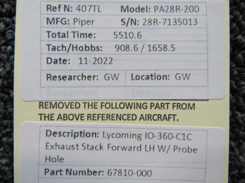67810-000 Lycoming IO-360-C1C LH Forward Exhaust Stack has 1 Probe Hole