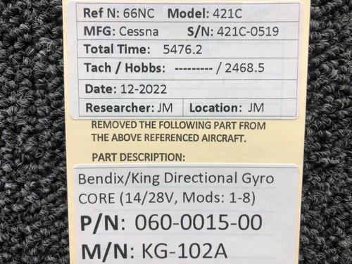 060-0015-00 Bendix King KG-102A Directional Gyro (Volts: 14 or 28, Core)